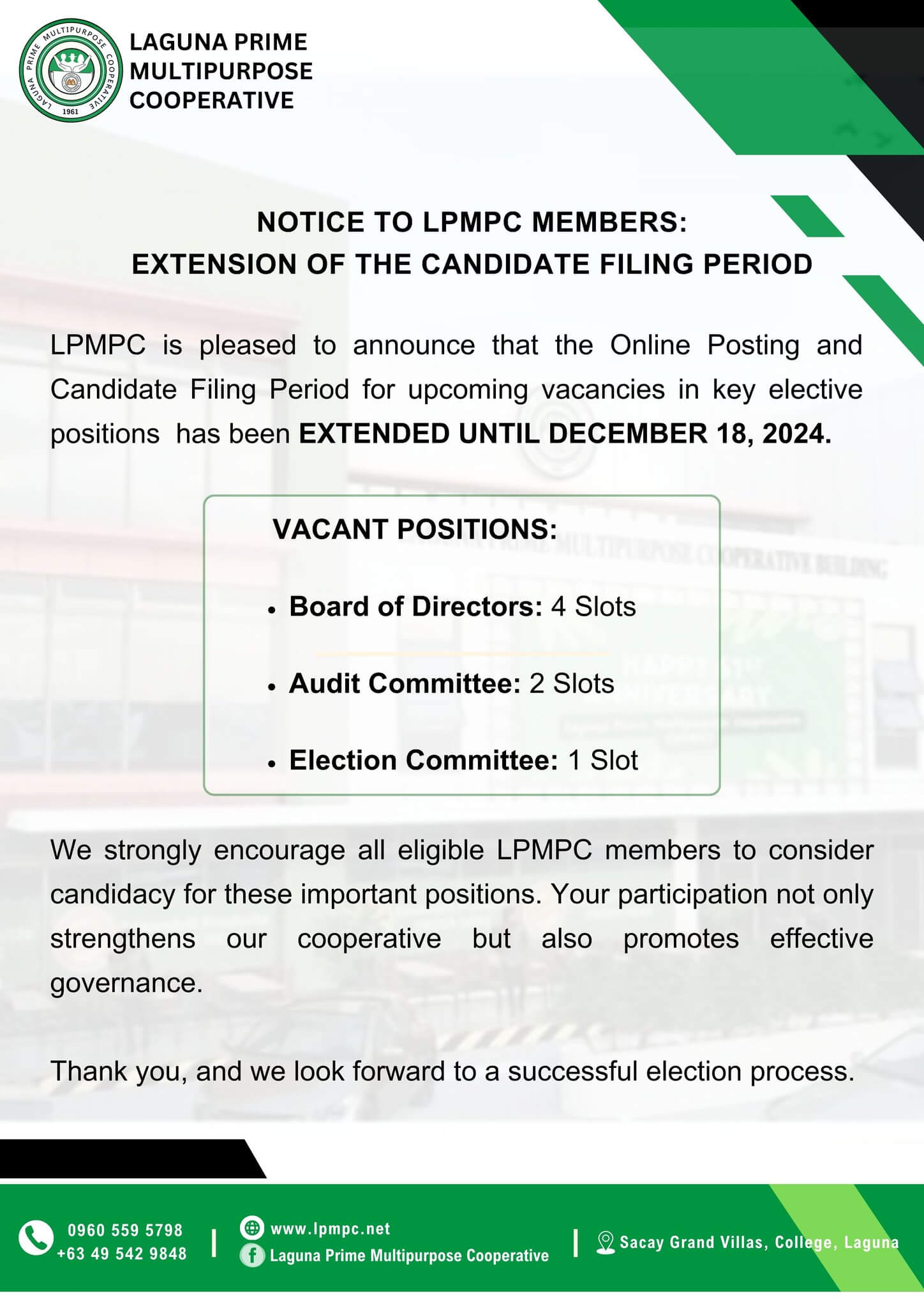 Filing of Candidacy Extension - LPMPC