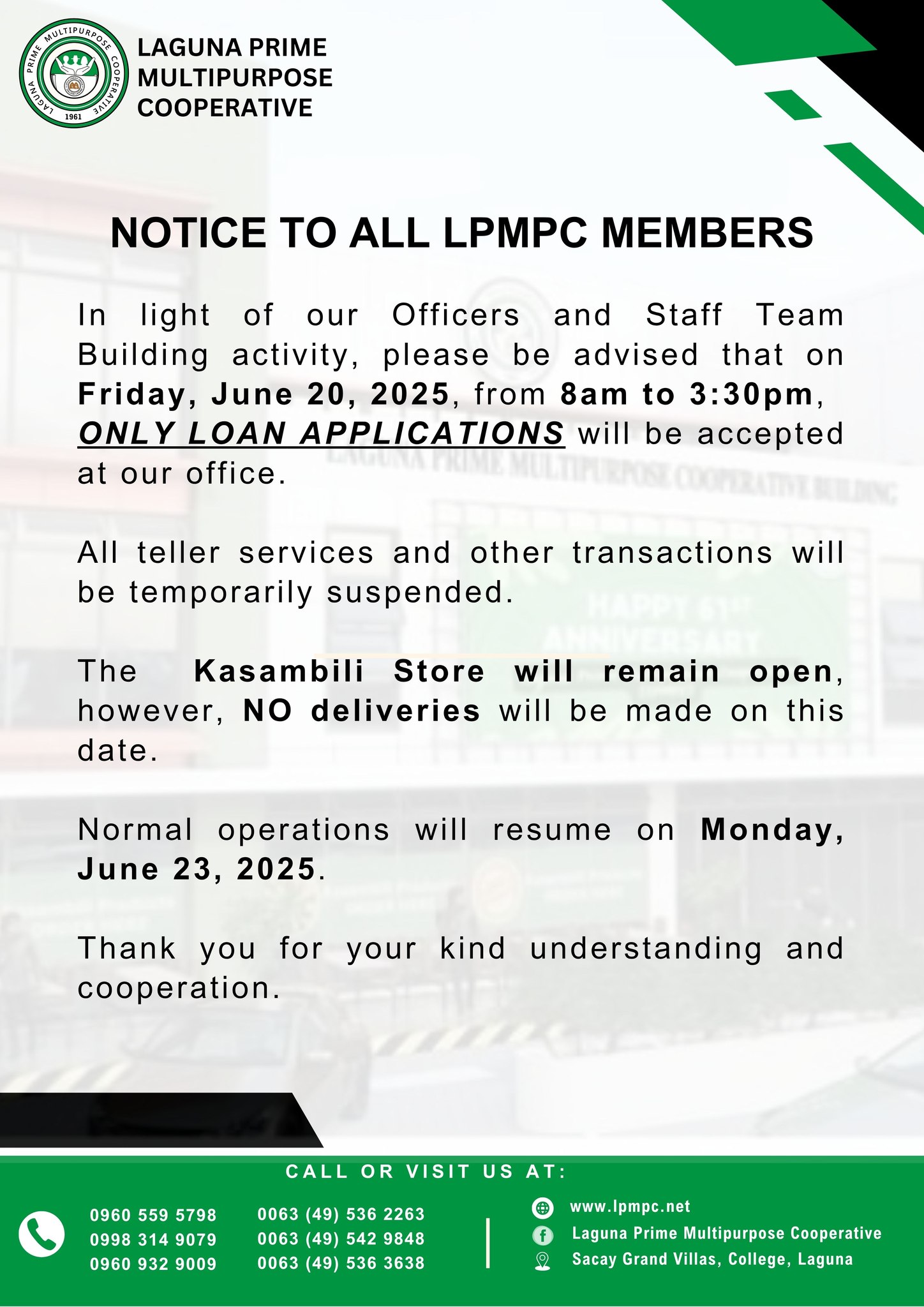 Advisory to All LPMPC Members: Officers and Staff Team Building activity - LPMPC