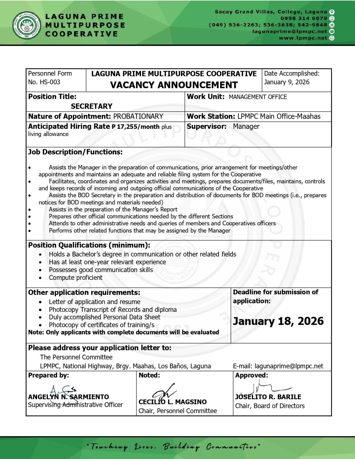 Secretary - LPMPC